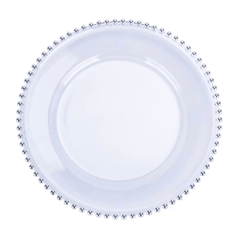 12 Piece Clear Beaded Charger Plate Set - Silver | Luna Wedding & Event ...